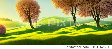 Spring background. Green meadow, trees. Cartoon... - Stock Illustration ...