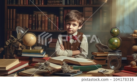 Portrait of serious schoolboy sitting at a desk... - Stock Illustration ...