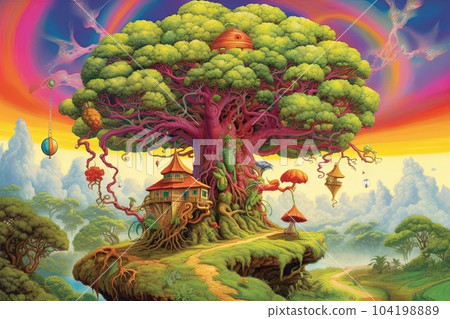 In a surreal landscape, a towering ganja tree... - Stock Illustration ...