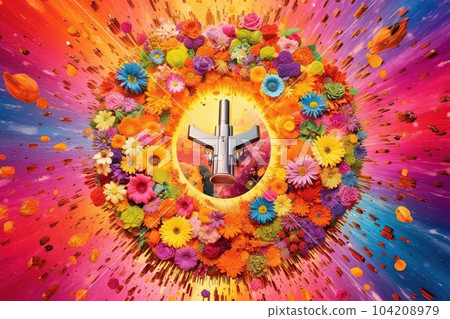 Front view of a gun firing flowers, flowers are... - Stock Illustration ...