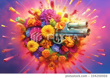 Gun firing flowers, rainbow colors background... - Stock Illustration ...