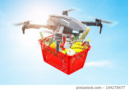 Delivery drone with shopping basket full of ... - Stock Illustration ...