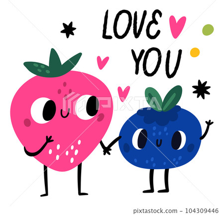 Cute fruits character emblem. Happy couple.... - Stock Illustration ...