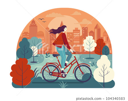 Young Woman on Bicycle at City Park by Sunset - Stock Illustration ...