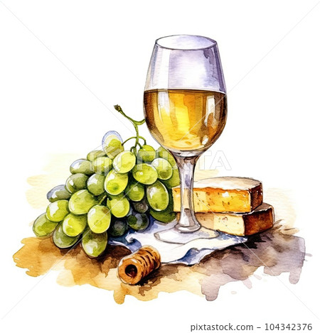 White wine in glass, grape, cheese in... - Stock Illustration ...