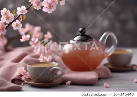 Cups of brewed tea, teapot and sakura flowers... - Stock Illustration ...
