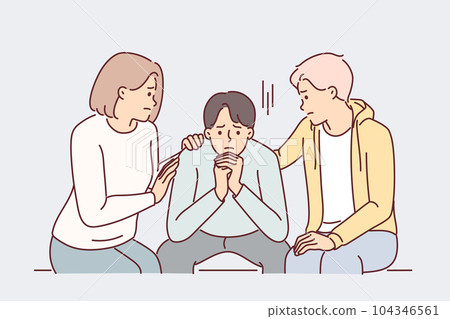 Friends console depressed man suffering from... - Stock Illustration ...