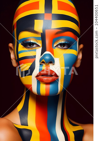 Woman's face painted with multicolored stripes... - Stock Illustration ...