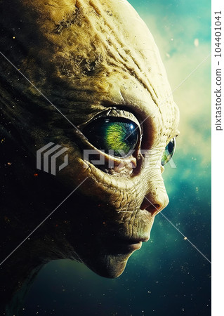 Close up of alien face with green eyes and blue... - Stock Illustration ...