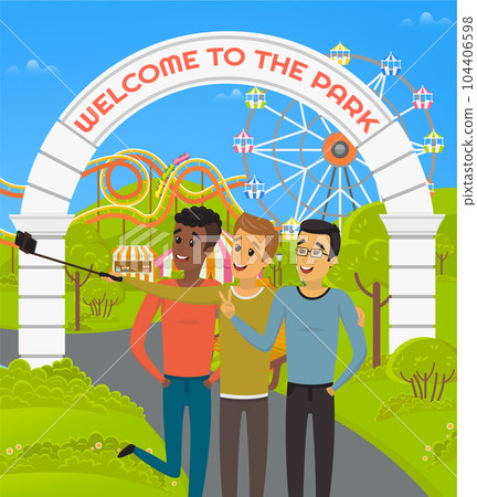 Group of male friends taking selfie in... - Stock Illustration ...