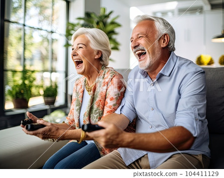 Cute retired gray haired senior gamers couple... - Stock Illustration ...