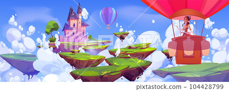 Princess on balloon flying to magic castle cartoon - Stock Illustration ...