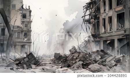 Watercolor illustration of a city destroyed by... - Stock Illustration ...