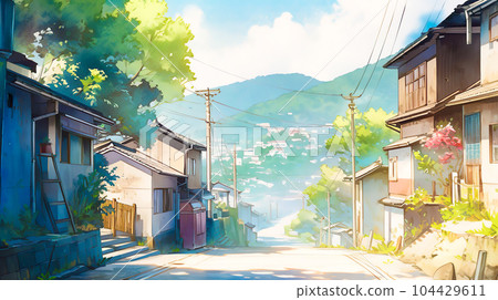 Nostalgic Japanese countryside landscape... - Stock Illustration ...