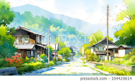 Nostalgic Japanese countryside landscape... - Stock Illustration ...