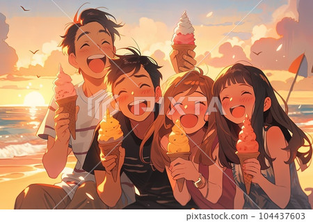 friends ice cream beach cartoon illustration... - Stock Illustration ...