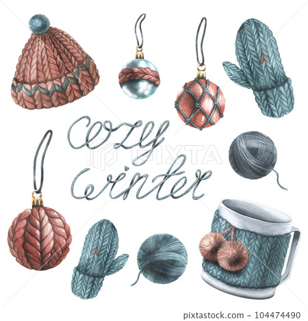 Knitted hat with mittens, a mug, Christmas... - Stock Illustration ...