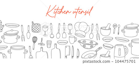 Kitchen utensils horizontal outline banner.... - Stock Illustration ...