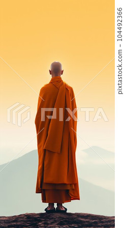 Monk Alien in Orange Robe Meditating at Sunrise... - Stock Illustration ...