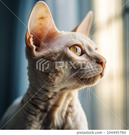 Portrait of a cream Devon Rex cat sitting in a... - Stock Illustration ...