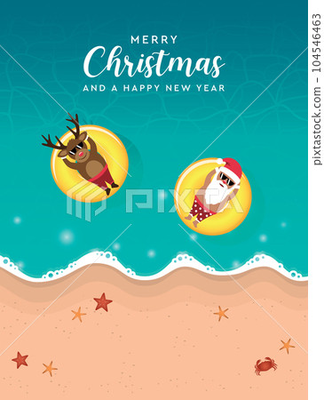 cute santa claus and deer relaxing on float... - Stock Illustration ...