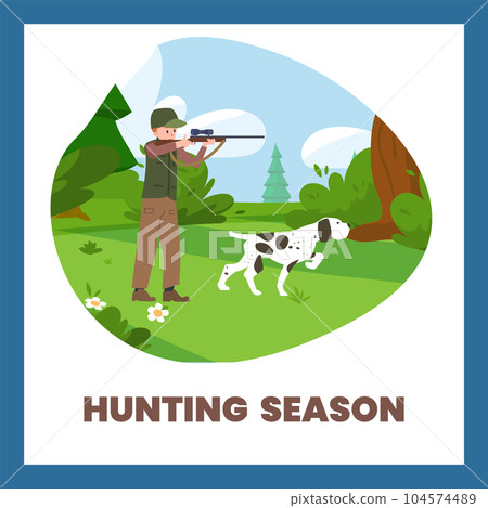 Vector cartoon poster with man, hunter standing... - Stock Illustration ...