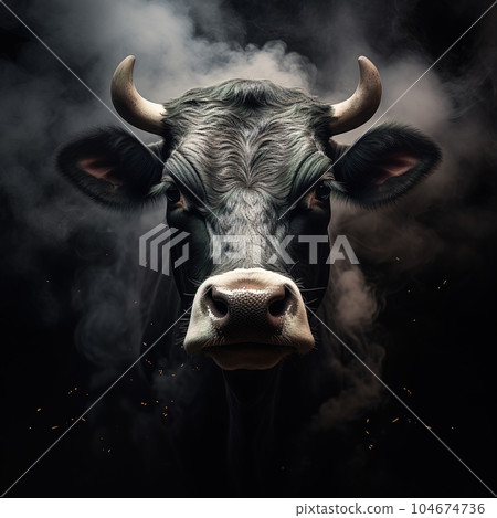 Image of a cow face with fire smoke on black... - Stock Illustration ...