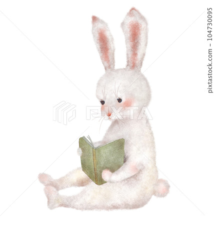 Fluffy white rabbit sitting and reading a book - Stock Illustration ...