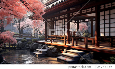 Japanese style wooden house with a beautiful... - Stock Illustration ...