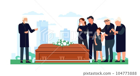 Funeral ceremony. Sad family members standing... - Stock Illustration ...