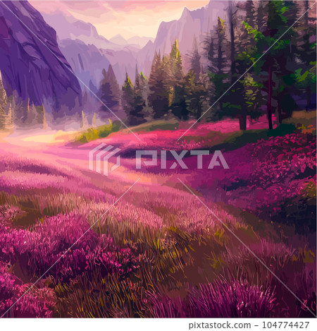 Beautiful field of tulips growing on the slope,... - Stock Illustration ...