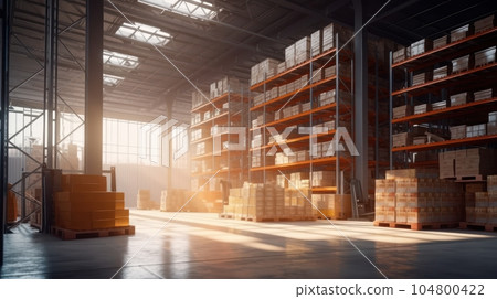 Large industrial warehouse. High racks filled...-插圖素材 [104800422] - PIXTA圖庫