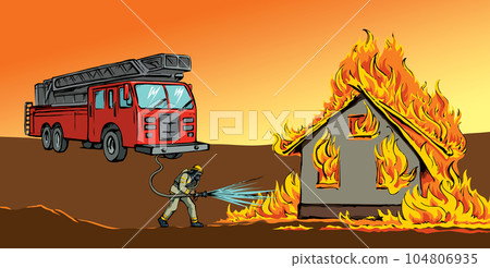 Vector drawing. Firefighter puts out the fire - Stock Illustration ...