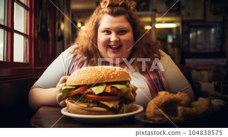 fat woman happily devouring a burger, showing... - Stock Illustration ...
