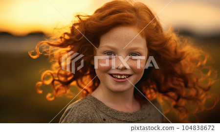 A joyful red-haired girl radiates happiness as... - Stock Illustration ...