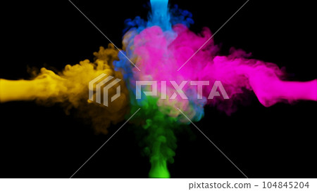 Clubs of multi-colored smoke collide from four... - Stock Illustration ...