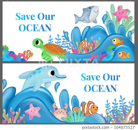 banner save ocean, save sea, cute fish - Stock Illustration [104873527 ...