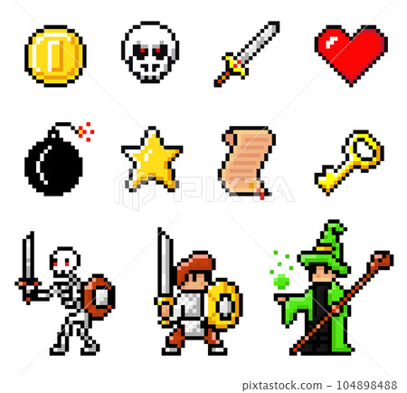 Collection of pixel game elements, symbols,... - Stock Illustration ...
