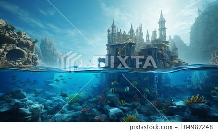 Castle in the sea, vivid marine life and clear... - Stock Illustration ...