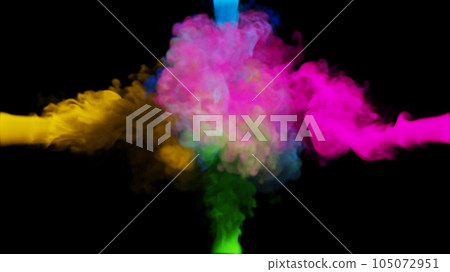 Clubs of multi-colored smoke collide from four... - Stock Illustration ...