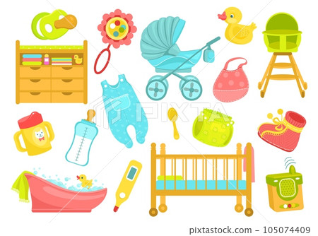 Cartoon baby supplies. Newborn accessories.... - Stock Illustration ...