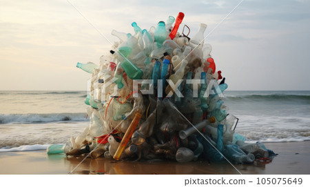 alarming view of a littered ocean shore,... - Stock Illustration ...