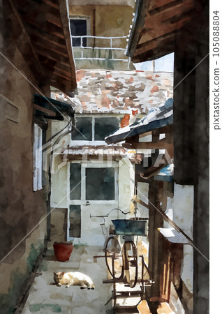 Landscape illustration of a back alley with a... - Stock Illustration ...