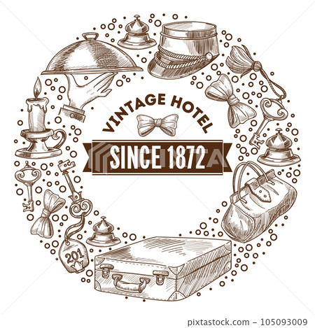Vintage hotel since 1872 monochrome outline sketch - Stock Illustration ...