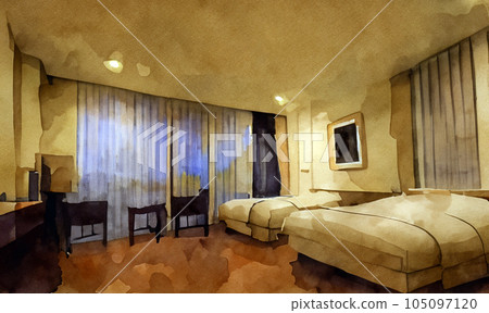 Western-style hotel room twin bed watercolor... - Stock Illustration ...