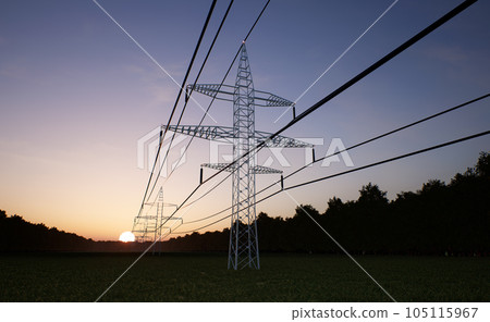 Industrial energy tower with overhead power... - Stock Illustration ...
