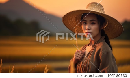 beautiful asian woman farmer in rice - Stock Illustration [105180780 ...