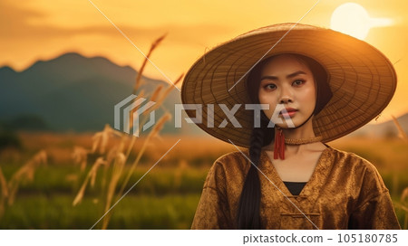 beautiful asian woman farmer in rice - Stock Illustration [105180785 ...