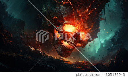 a huge skull with fire in its eye sockets.-插圖素材 [105186943] - PIXTA圖庫