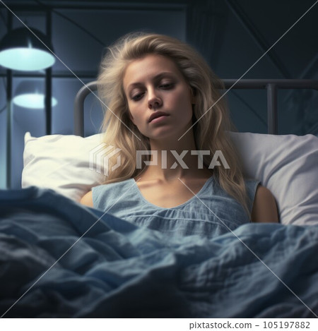 Sick woman lying in bed at night. Healthcare...-插圖素材 [105197882] - PIXTA圖庫